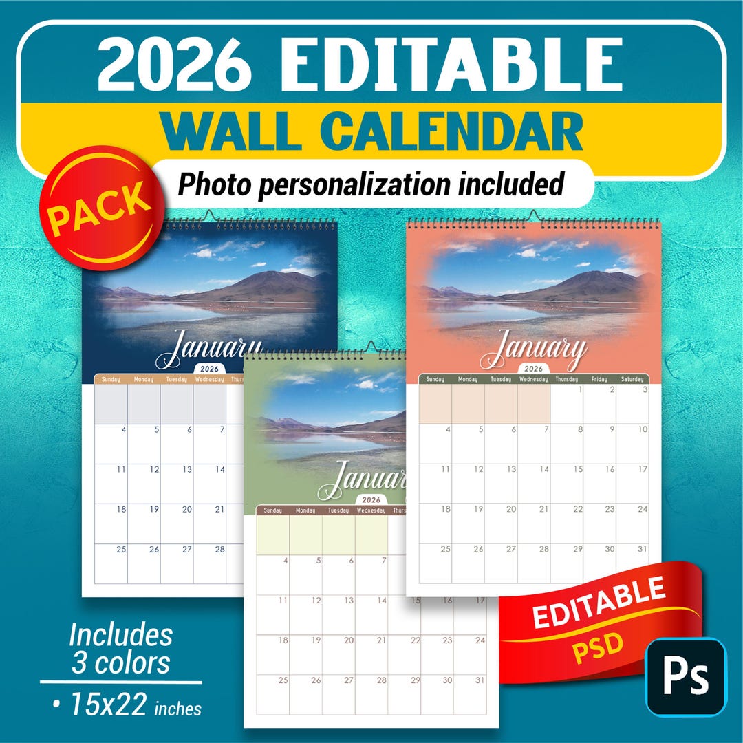 2026 Editable Wall Calendar | Printable 15x22” PDF | Blue, Green ...