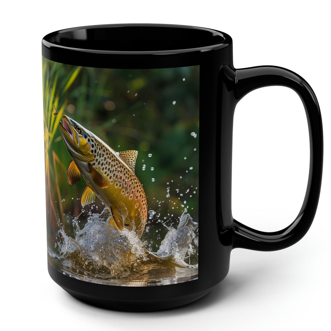 Jumping Brown Trout 15oz Black Mug, Fly-fishing Gift, Fisherman Gift ...