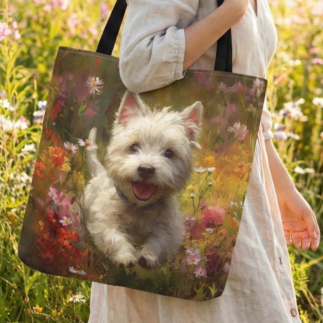 Westie Puppy Running in Spring Wildflowers Tote Bag, Floral Dog Art ...