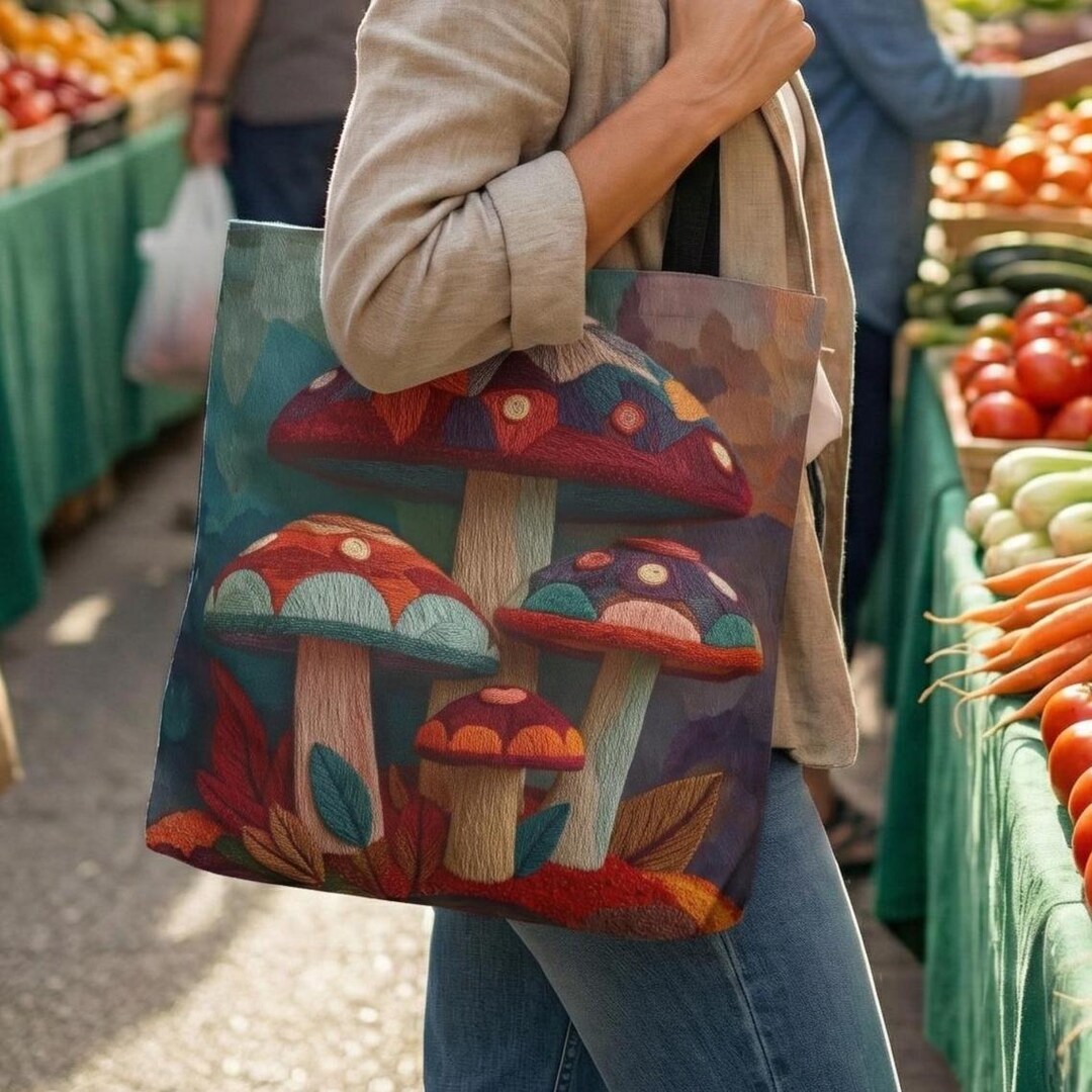 Colorful Toadstools Tote Bag, Digital Thread Painting, Mushroom Tote ...
