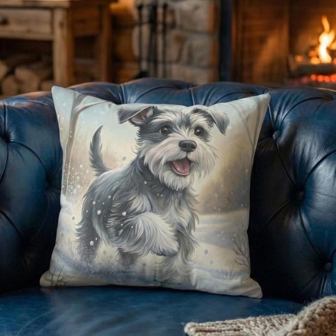 Playful Schnauzer Puppy Running in Snow Pillow, Schnauzer Winter Throw ...
