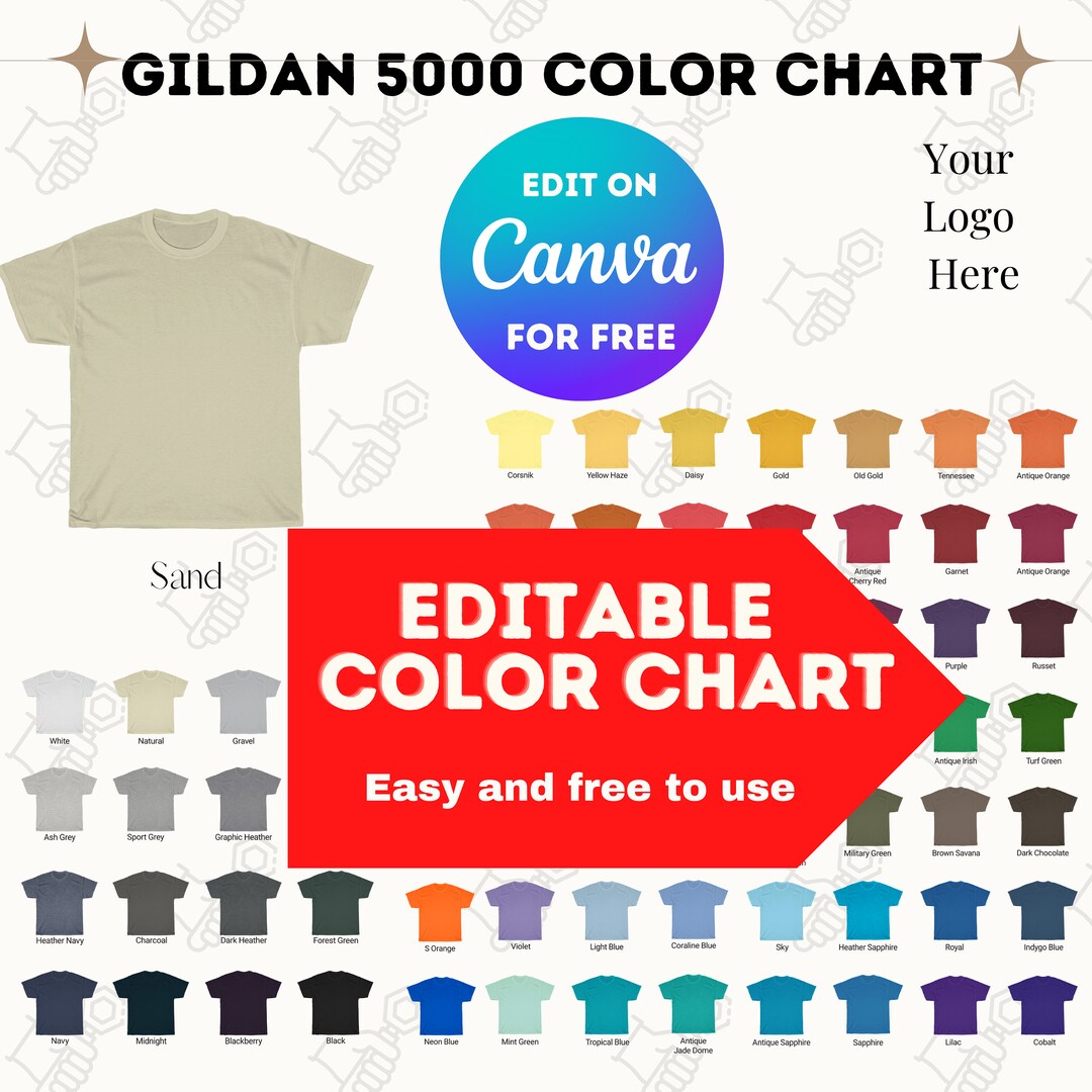FULLY EDITABLE Gildan 5000 Color Swatch T-shirt Chart, Gildan 5000 ...