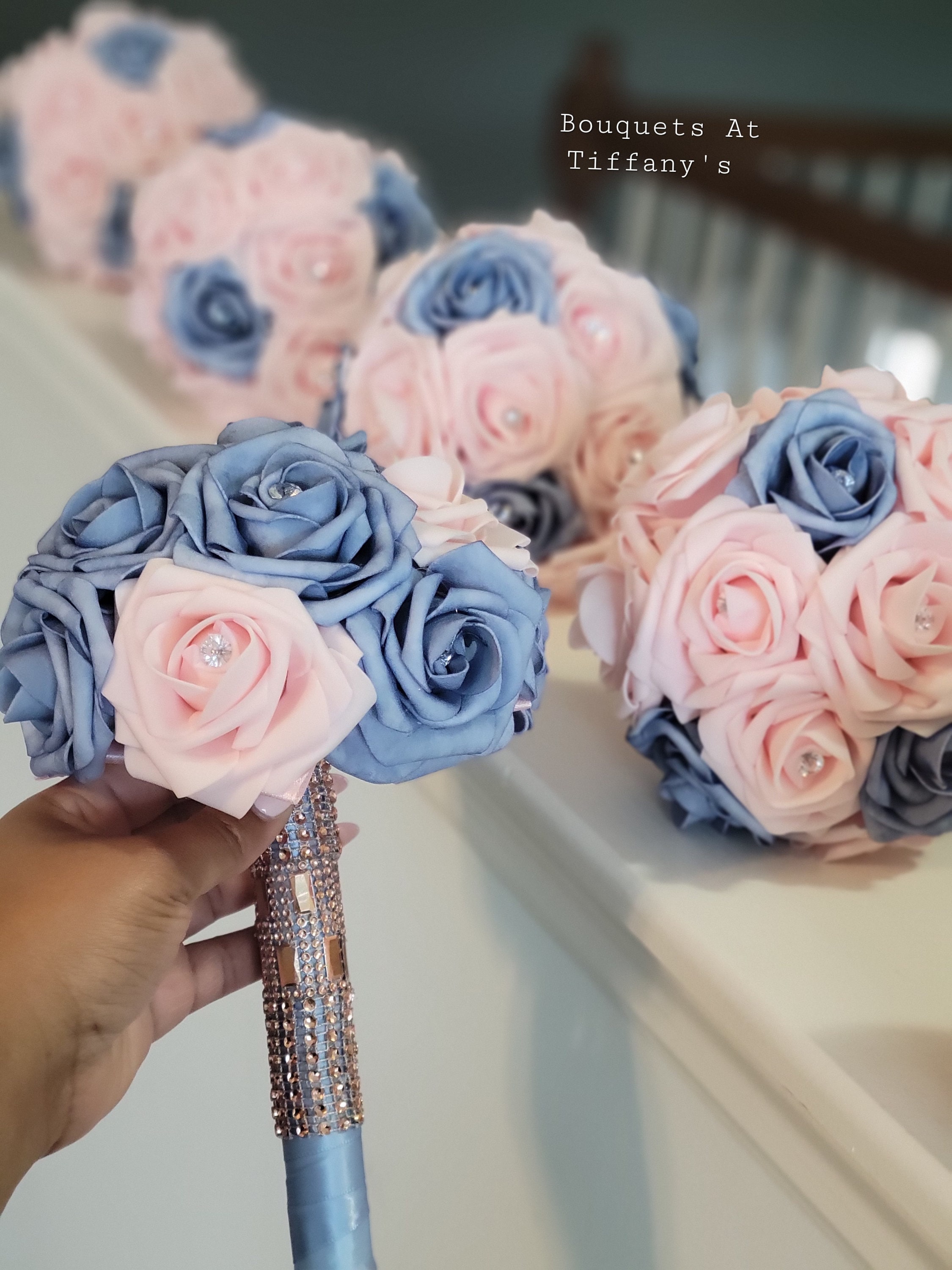 Dusty Blue & Blush Pink Bouquets/ Boutonnieres With Rose Gold Bling - Etsy