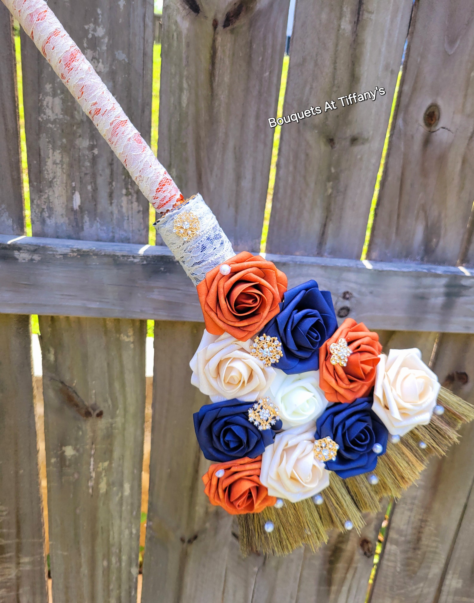 Bride 12" Burnt Orange, Navy Blue, Ivory, Champagne Gold Brooch Bouquet ...