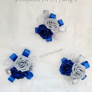 Real Touch Rose Royal Blue and Silver Bridesmaids Bouquets W/ Silver ...