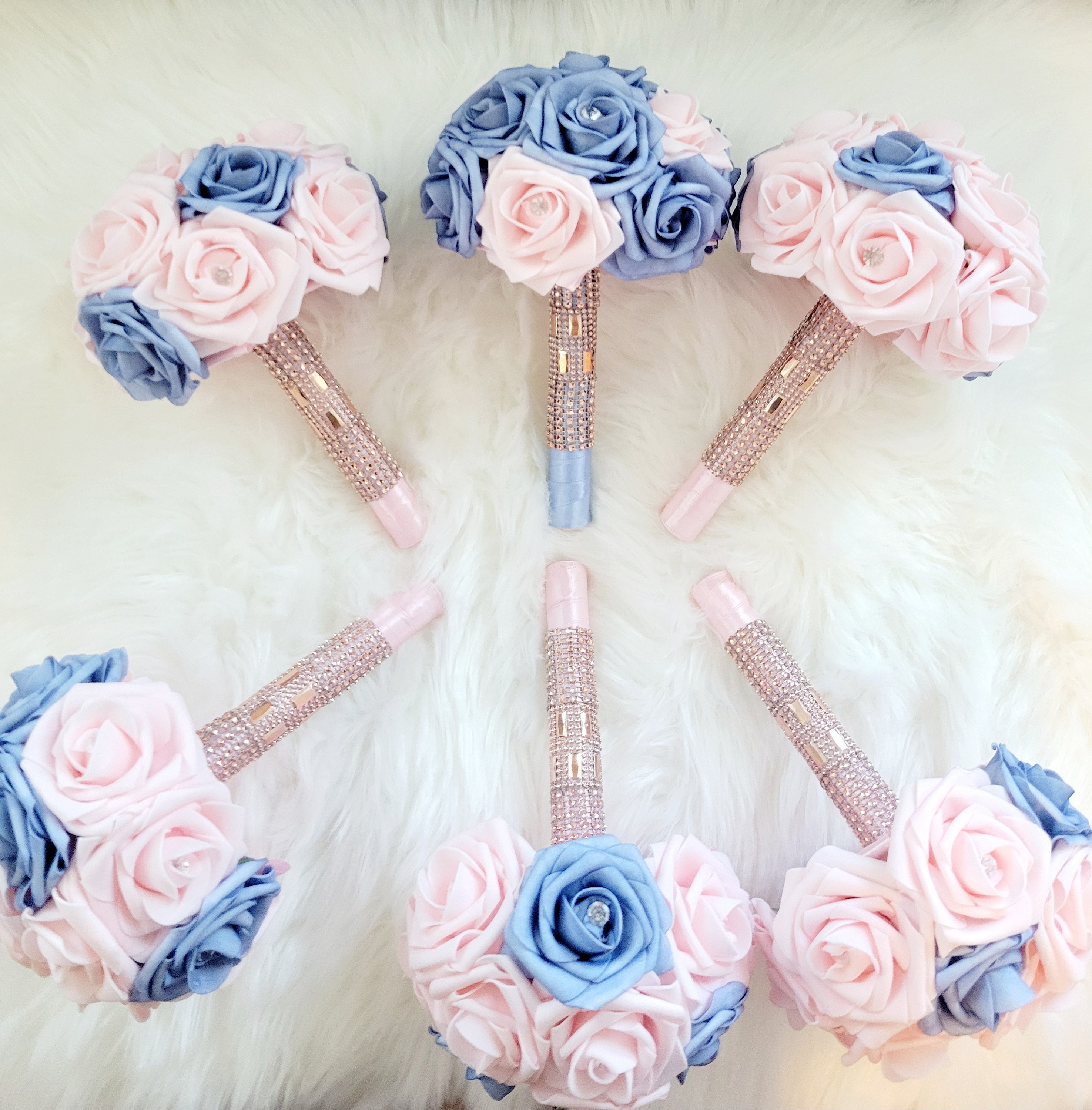 Dusty Blue & Blush Pink Bouquets/ Boutonnieres With Rose Gold Bling - Etsy