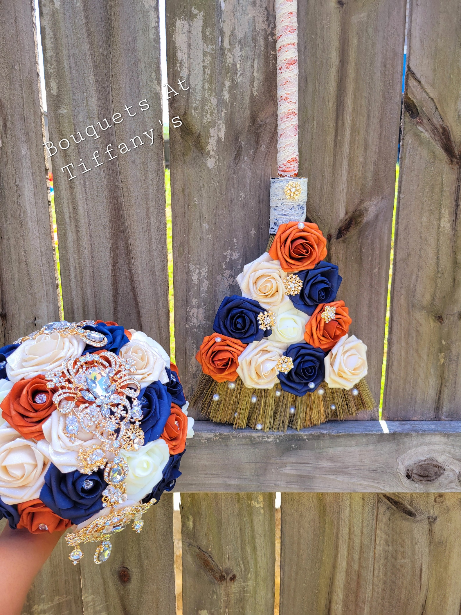 Bride 12" Burnt Orange, Navy Blue, Ivory, Champagne Gold Brooch Bouquet ...