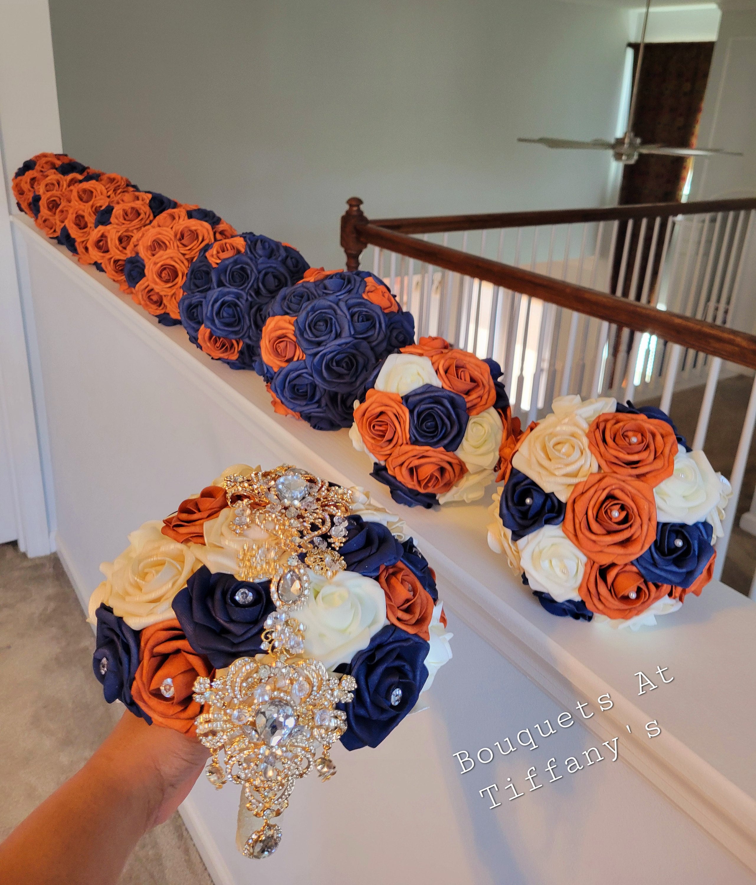 Bride 12" Burnt Orange, Navy Blue, Ivory, Champagne Gold Brooch Bouquet ...