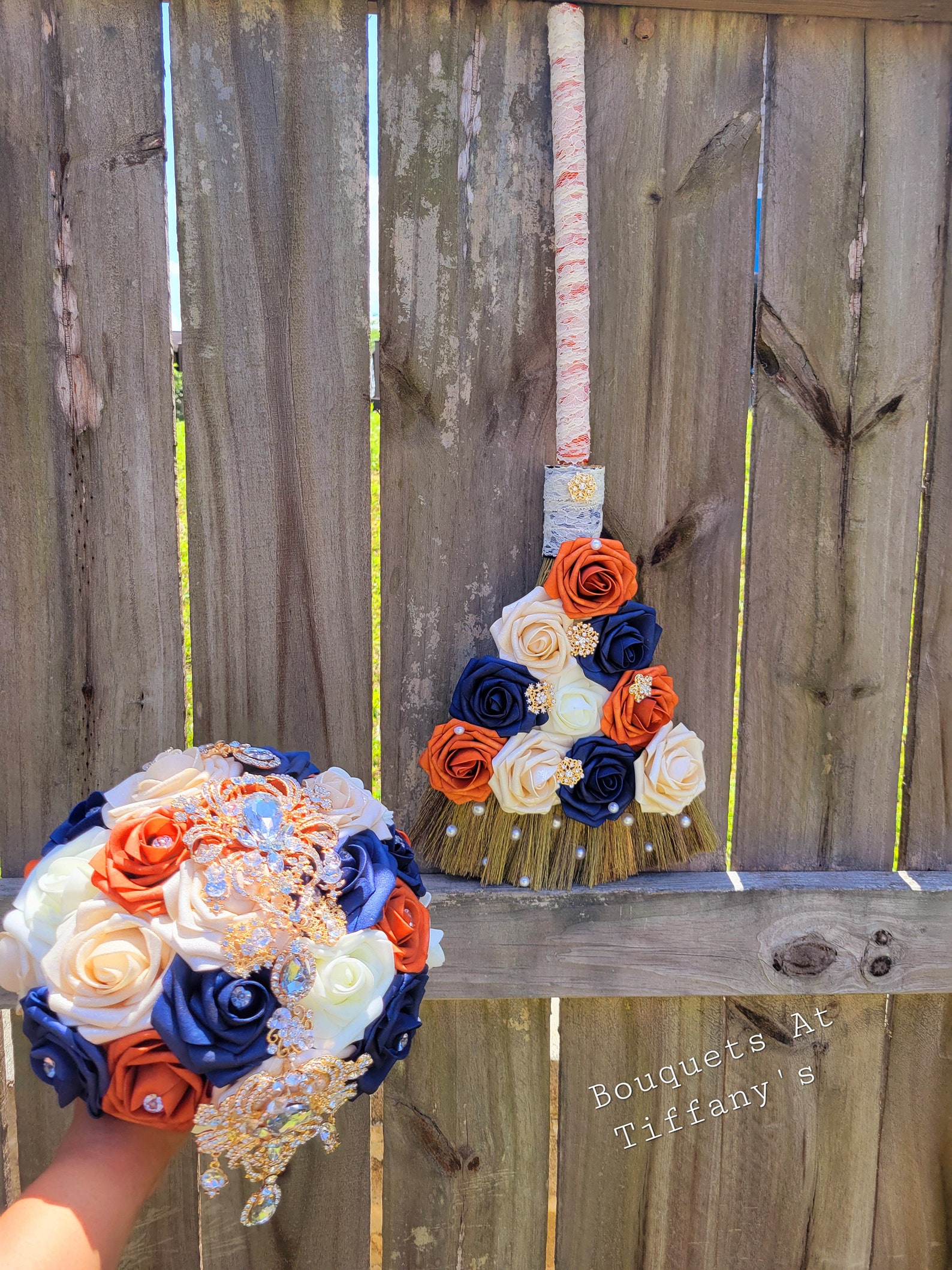 Bride 12" Burnt Orange, Navy Blue, Ivory, Champagne Gold Brooch Bouquet ...
