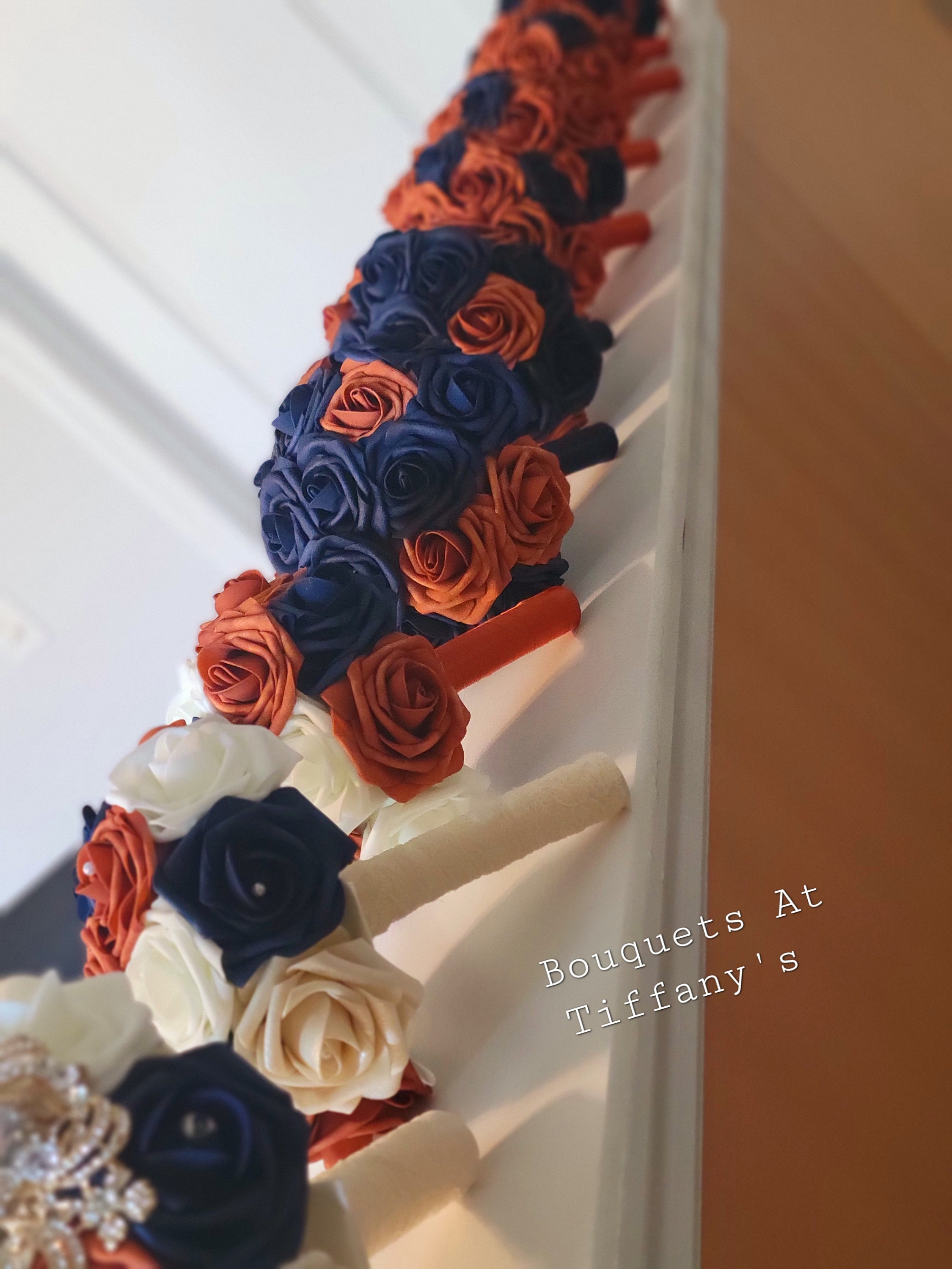 Bride 12" Burnt Orange, Navy Blue, Ivory, Champagne Gold Brooch Bouquet ...