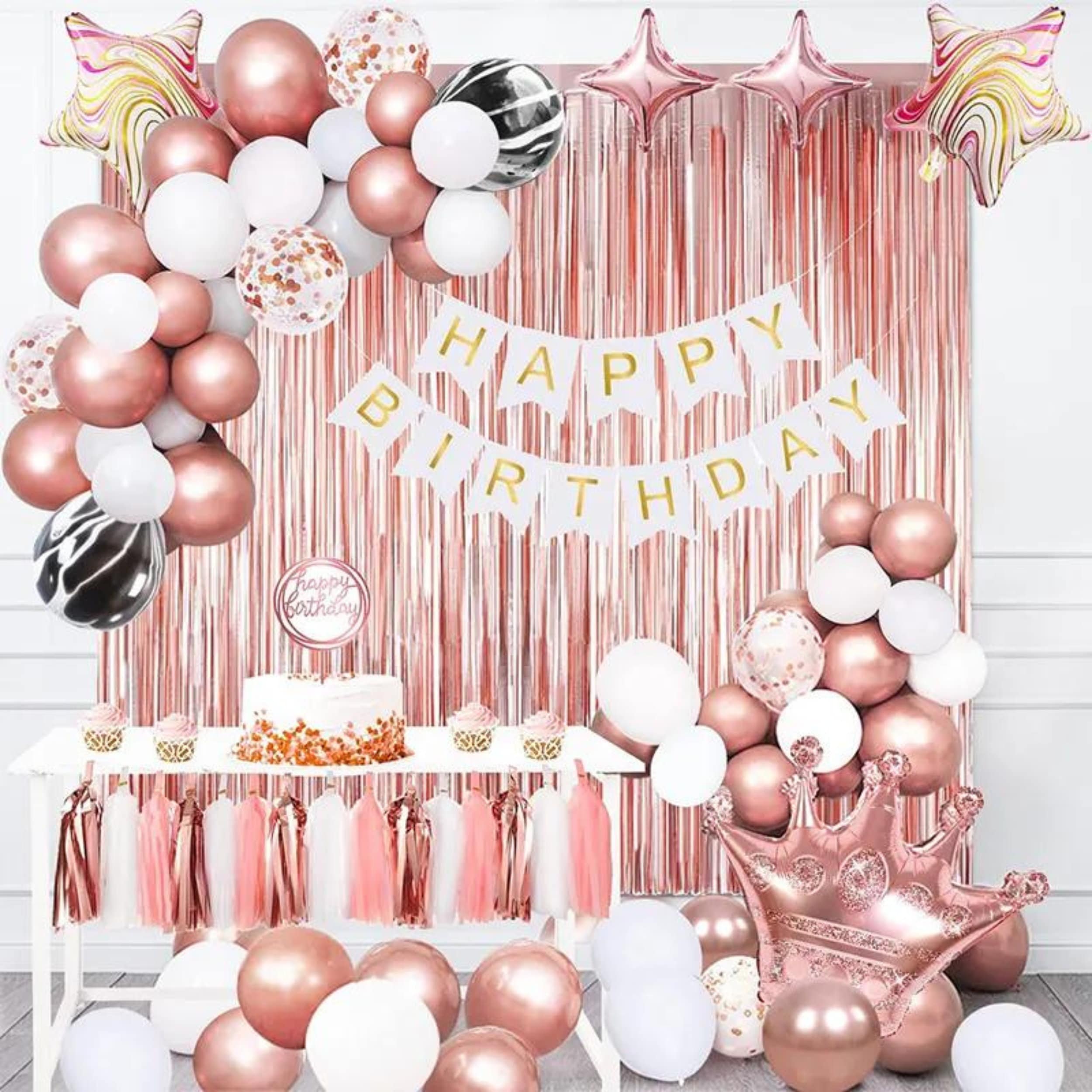 Happy Birthday Party Balloons Decoration With Backdrop Banner, Pink ...