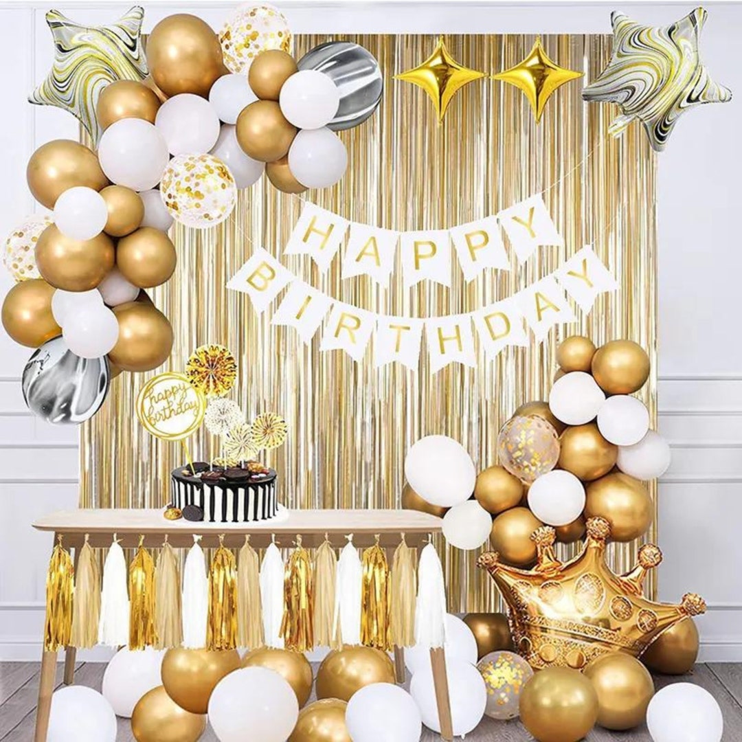 Happy Birthday Party Balloons Decoration With Backdrop Banner, Gold ...