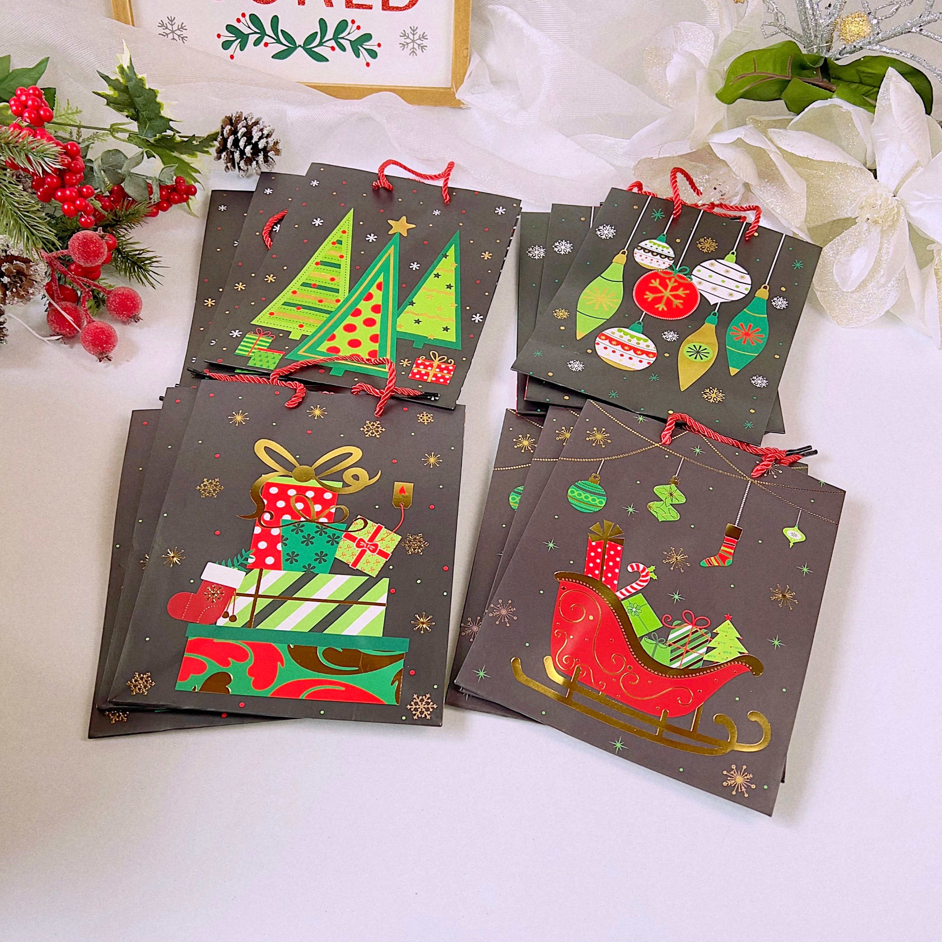 12 Pcs Black Christmas Gift Bags Set With Handles, Medium Size ...