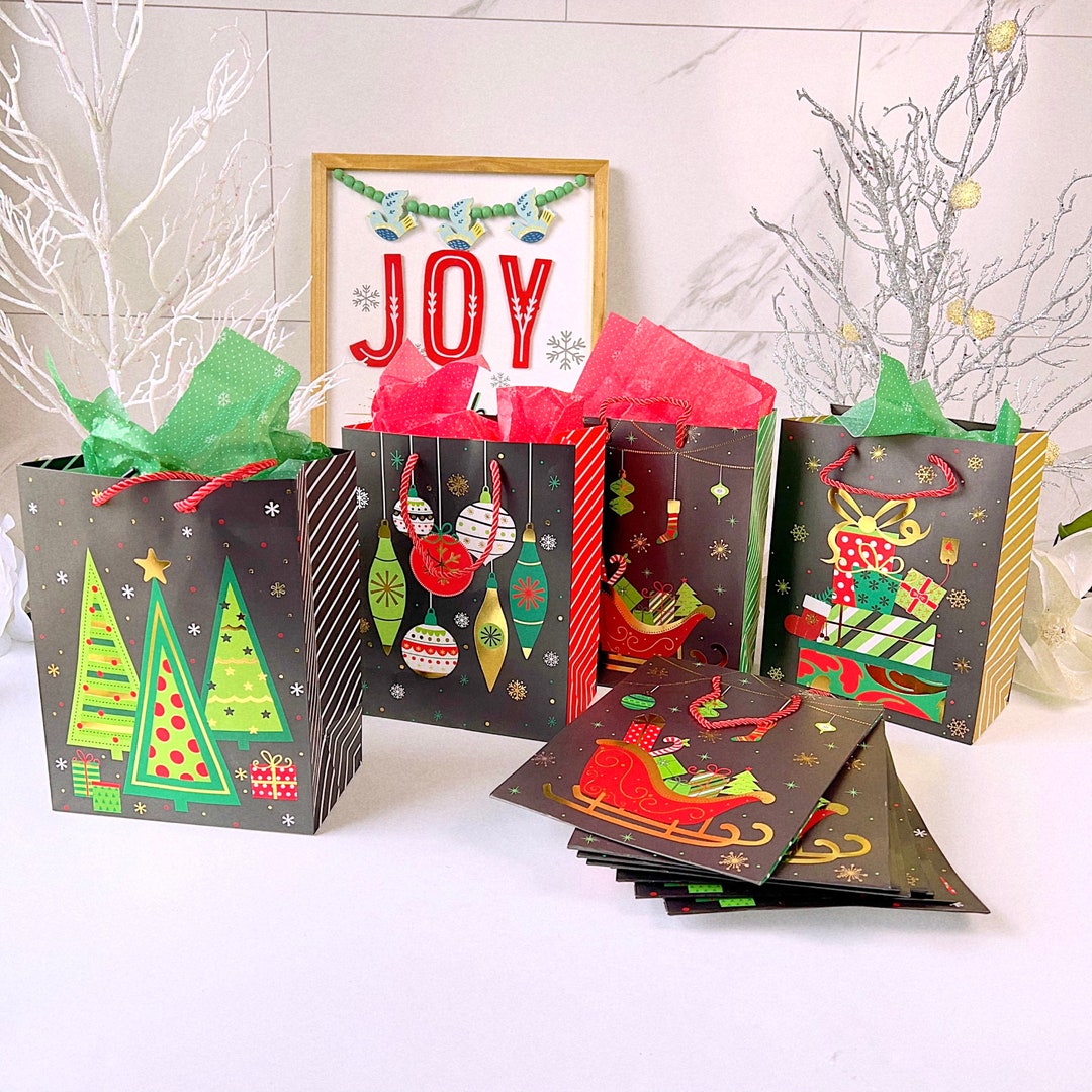12 Pcs Black Christmas Gift Bags Set With Handles, Medium Size ...