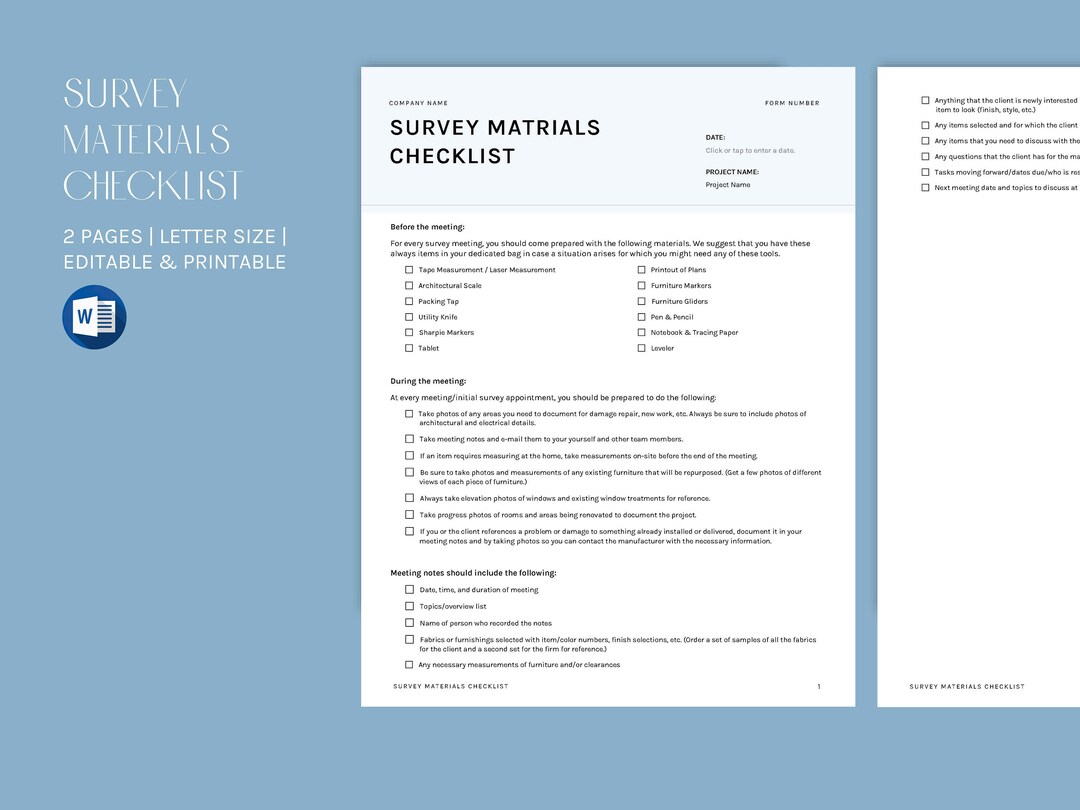 Interior Design, Survey Material Checklist, MS Word Template, Printable ...