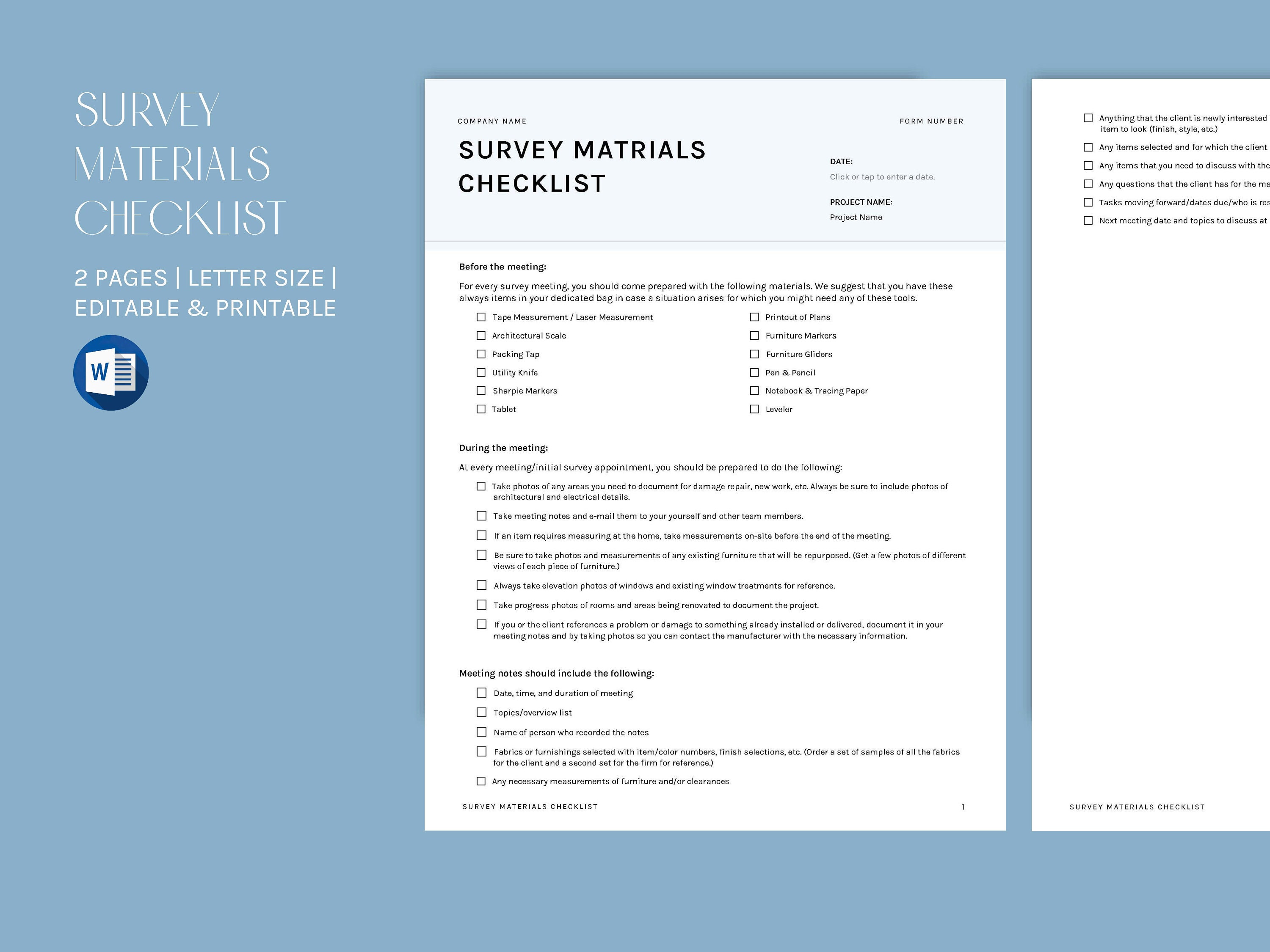 Interior Design, Survey Material Checklist, MS Word Template, Printable ...