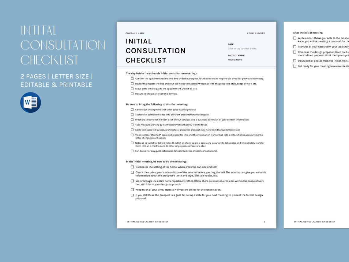 Interior Design, Client Initial Consultation Template, MS Word Template ...