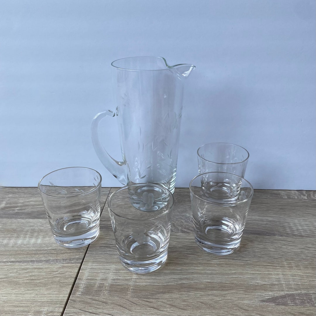 Mid Century Vintage Etched Glass Floral Pitcher and Matching Glasses ...