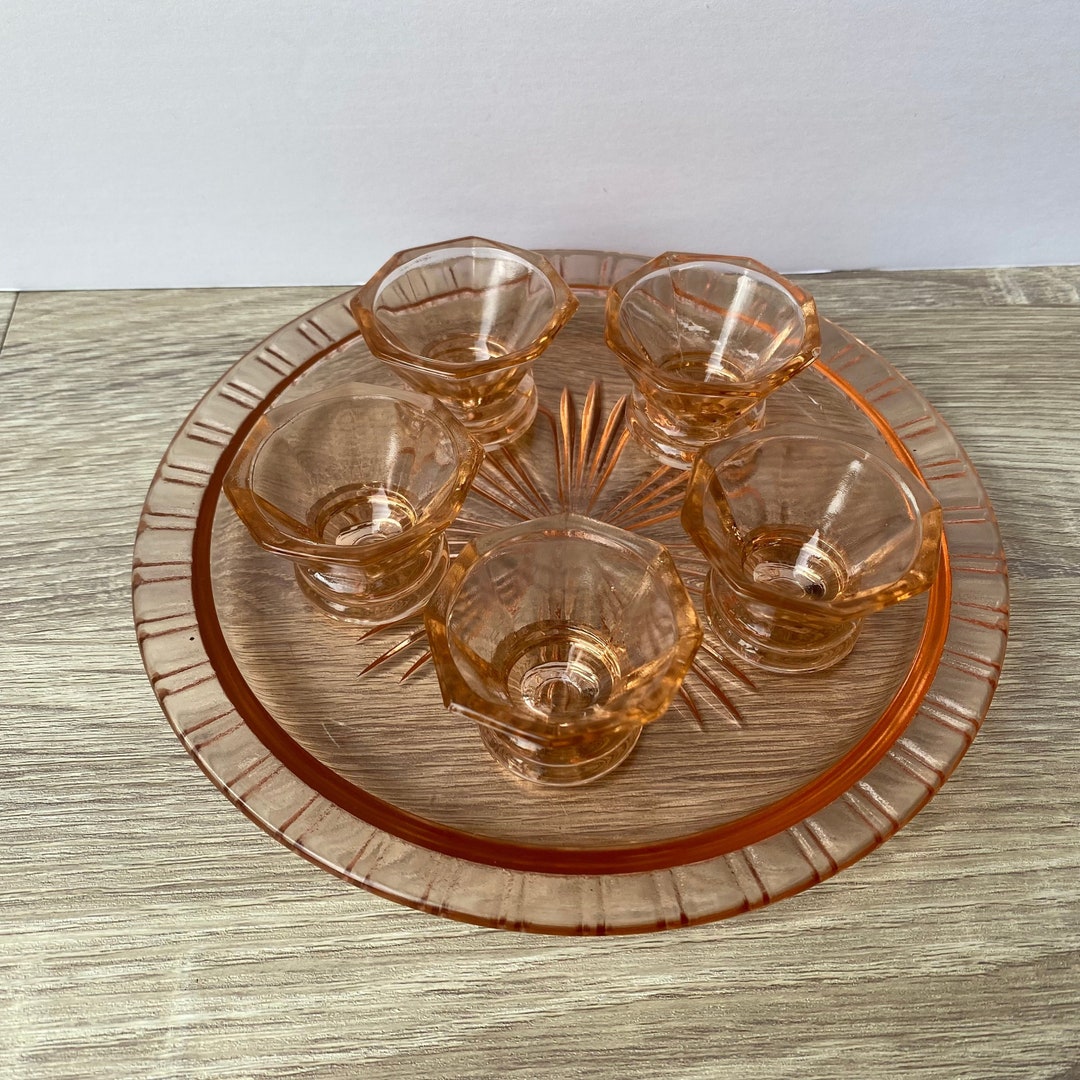 Pink Depression Glass Serving Platter and Open Salt Cellar Dips ...