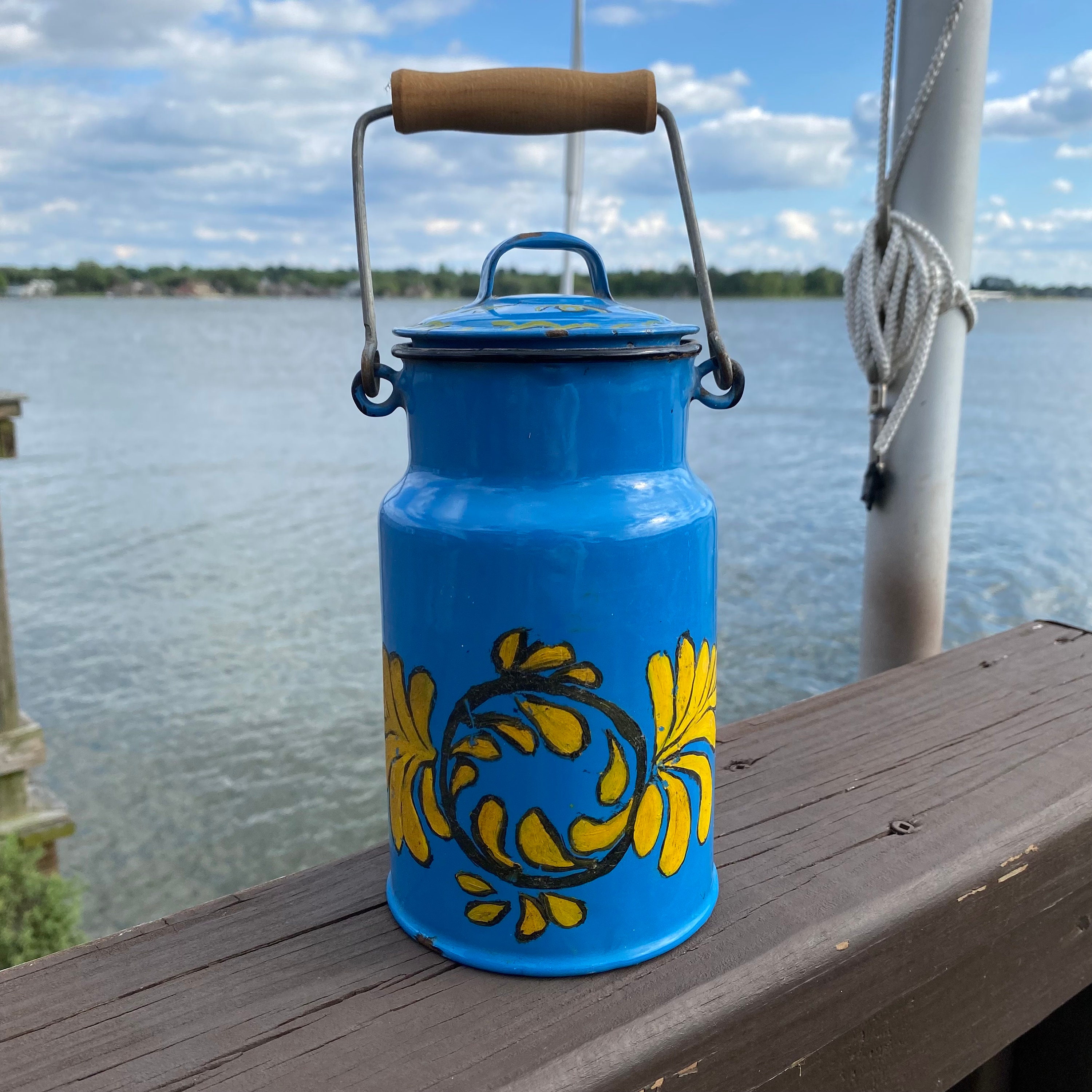 Old Vintage Blue Floral Enamelware Milk Jug With Handle, Retro Country ...