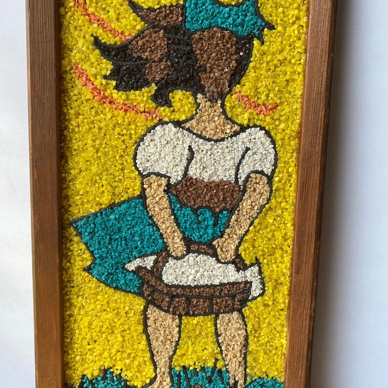 Mid Century Gravel Pebble Framed Wall Art, MCM Girl With Basket Gravel ...