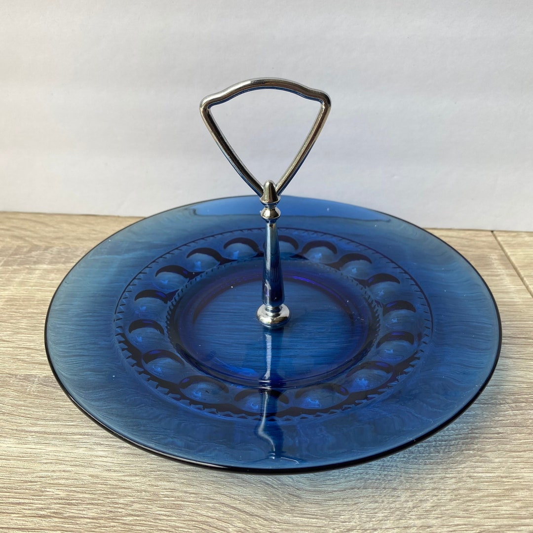 Vintage Tiara Glass Kings Crown Imperial Blue Tidbit Tray or Snack ...
