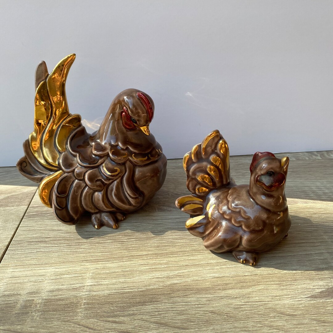 Handmade Gold Pottery Chicken Figurine Set, Collectable Signed Art ...