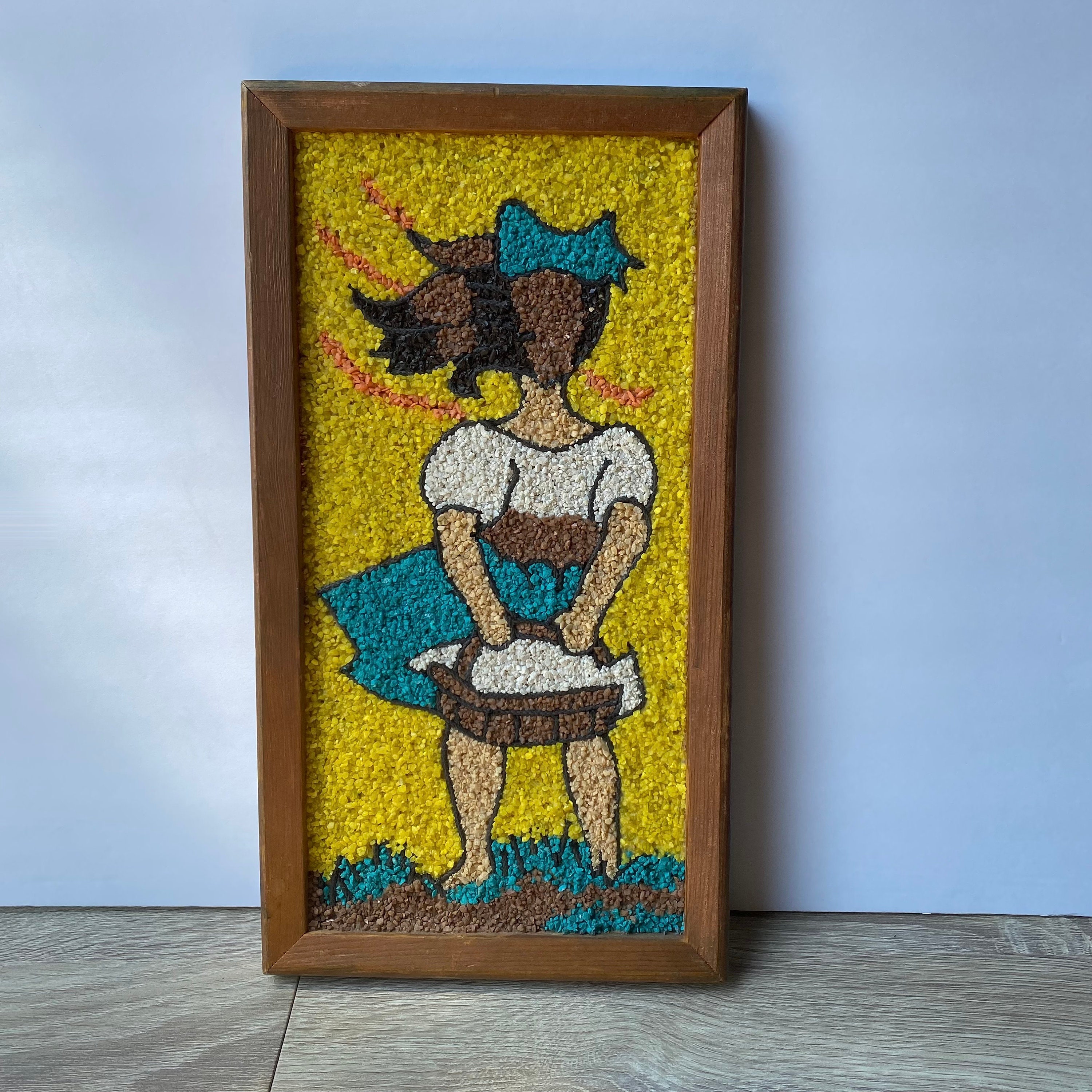 Mid Century Gravel Pebble Framed Wall Art, MCM Girl With Basket Gravel ...