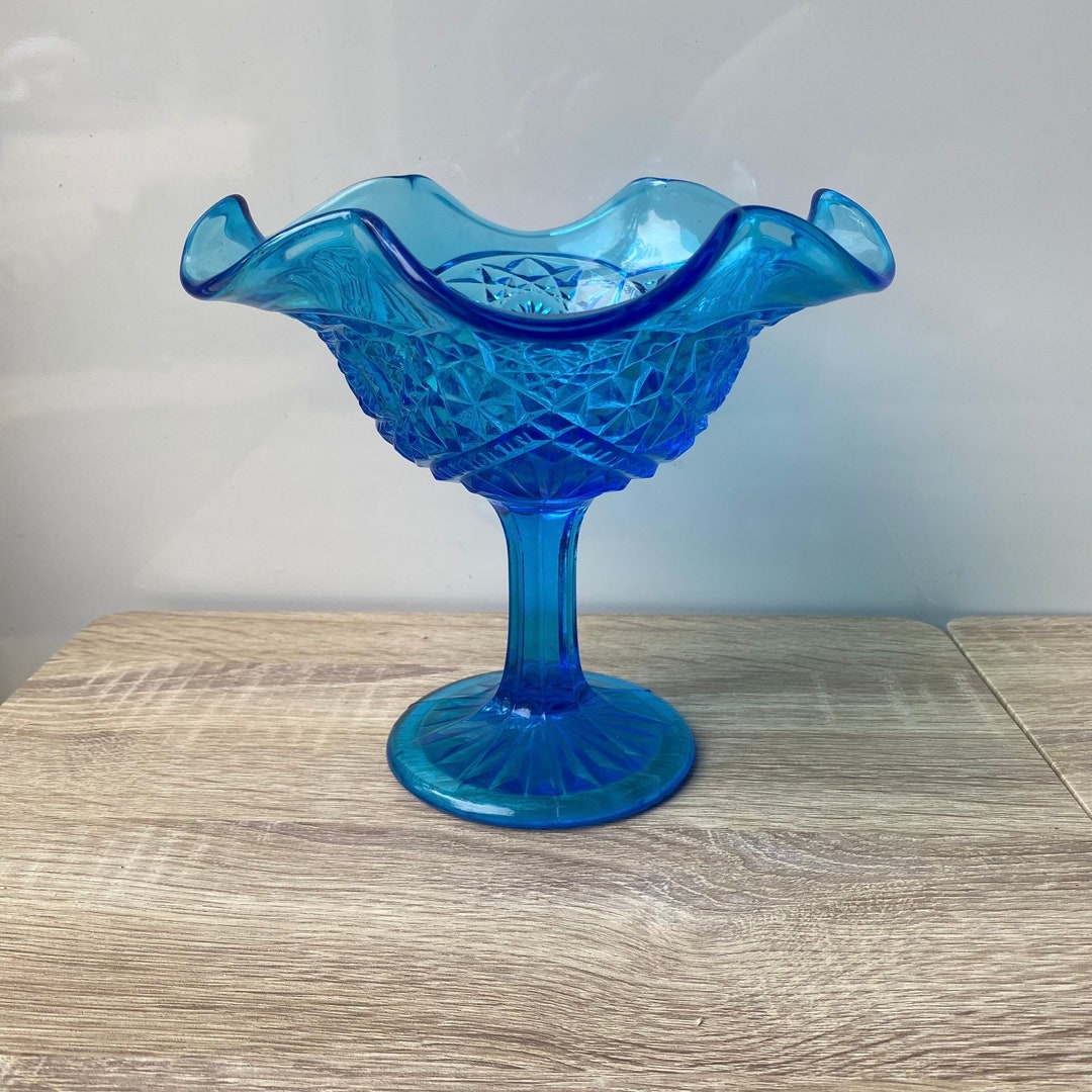 Vintage Electric Blue Glass Compote Candy Dish, Pinwheel Star, Ruffled ...