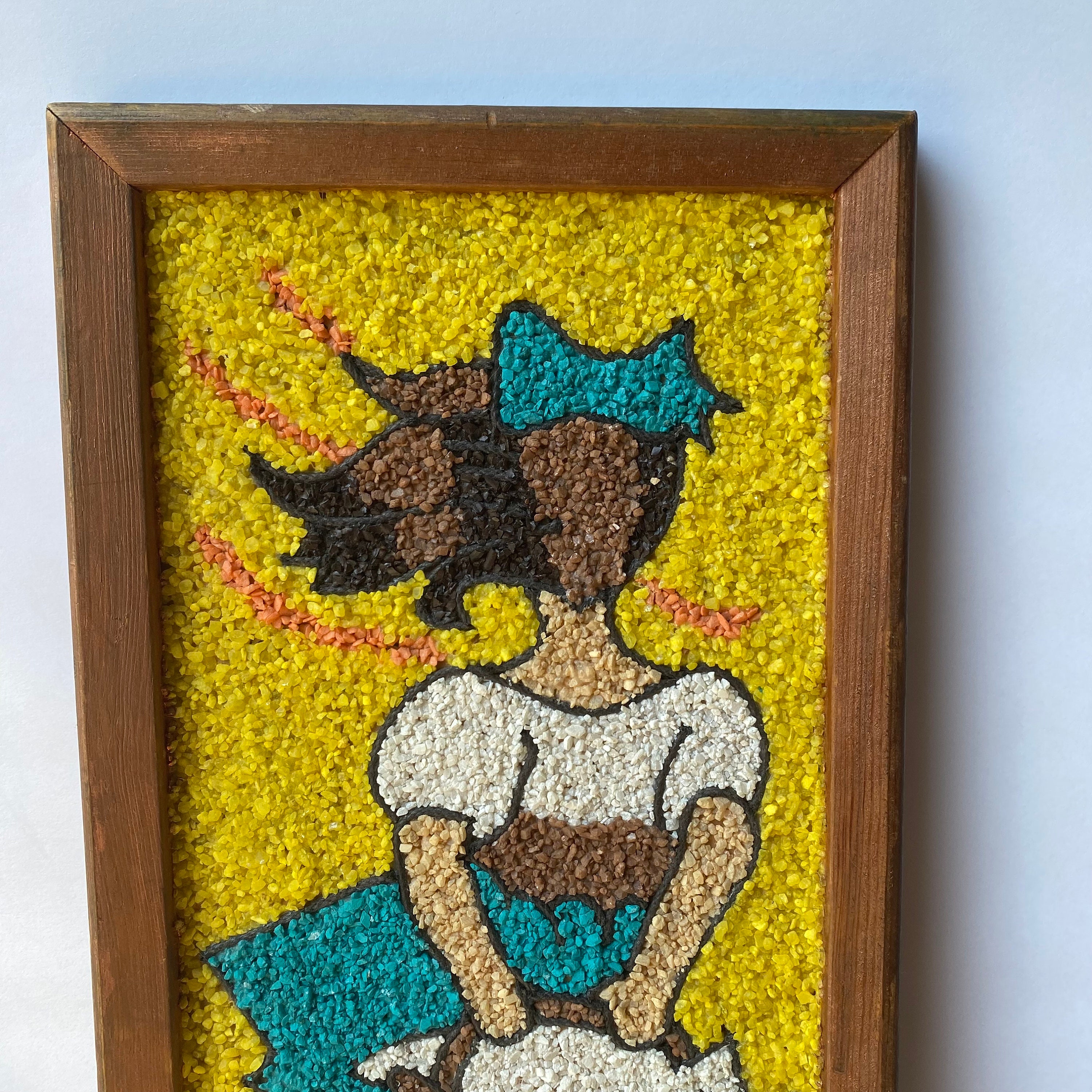 Mid Century Gravel Pebble Framed Wall Art, MCM Girl With Basket Gravel ...
