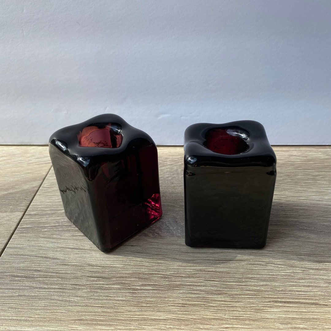 Vintage Blenko Glass Amethyst Ice Cube Candlestick Holders, Mid Century ...