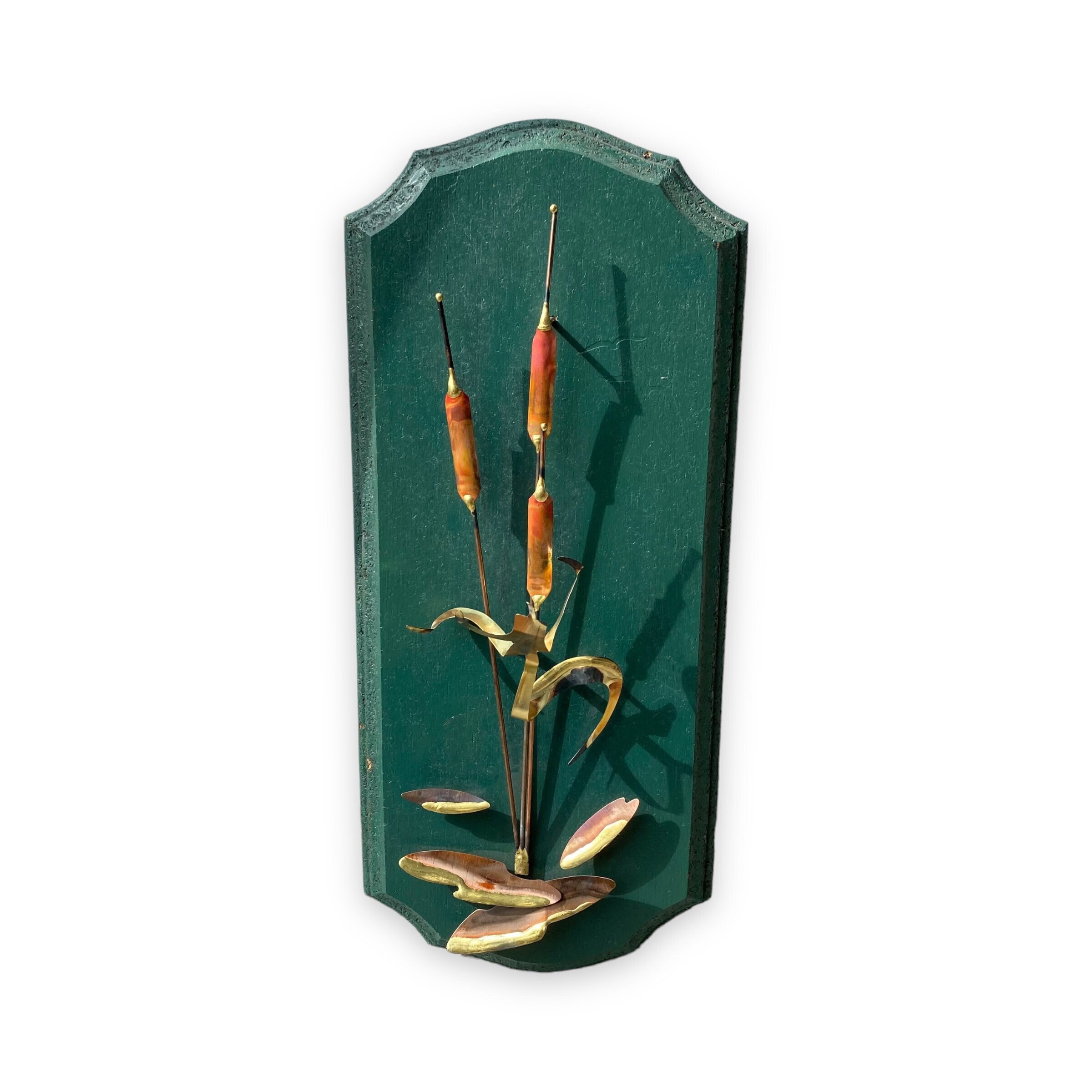Mid Century Copper Brass Cattail 3D Metal and Wood Plaque Wall Art, MCM ...