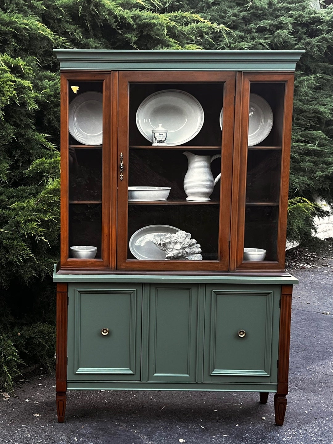Vintage Green and Walnut China Cabinet Hutch Bookcase Display Bar. Reimagined. One of a kind Etsy Canada