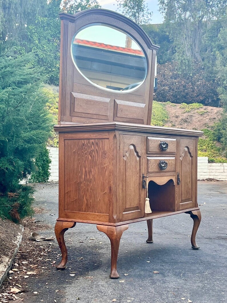 Antique Oak Victorian Buffet, Sideboard With Mirror and Working Key ...