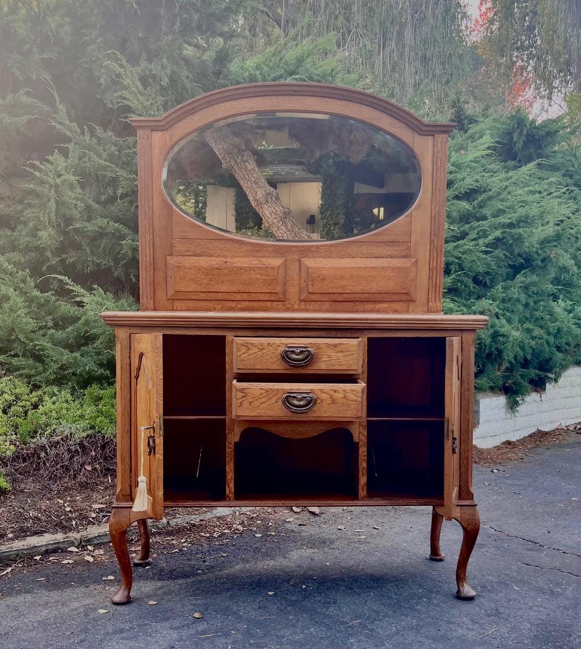Antique Oak Victorian Buffet, Sideboard With Mirror and Working Key ...