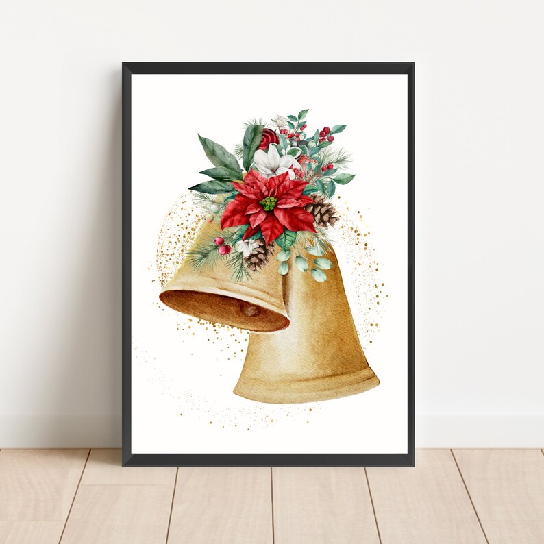 Christmas Bells Print | Watercolor Christmas Decor | Christmas Flowers ...
