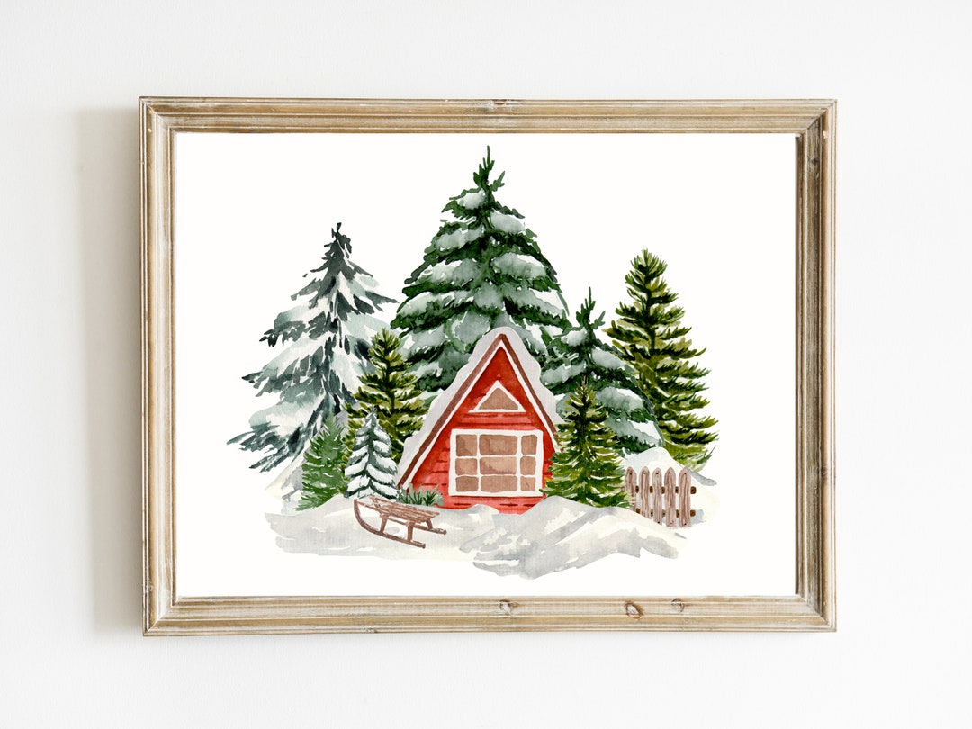 Winter Cabin Print | Holiday Wall Art | Christmas Printable Art ...