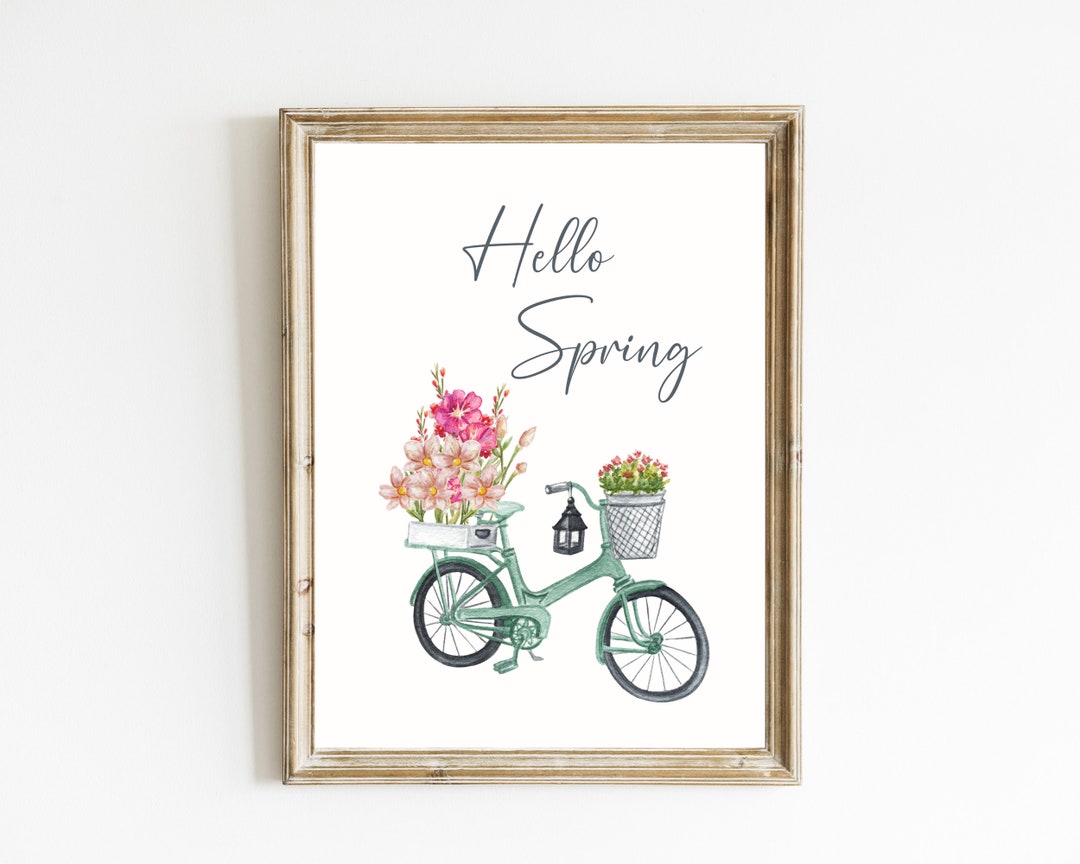 Hello Spring Print | Watercolor Bicycle Print | Farmhouse Spring Decor ...