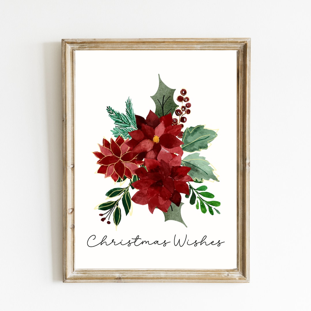 Christmas Wishes Print | Poinsettia Wall Art | Christmas Home Decor ...