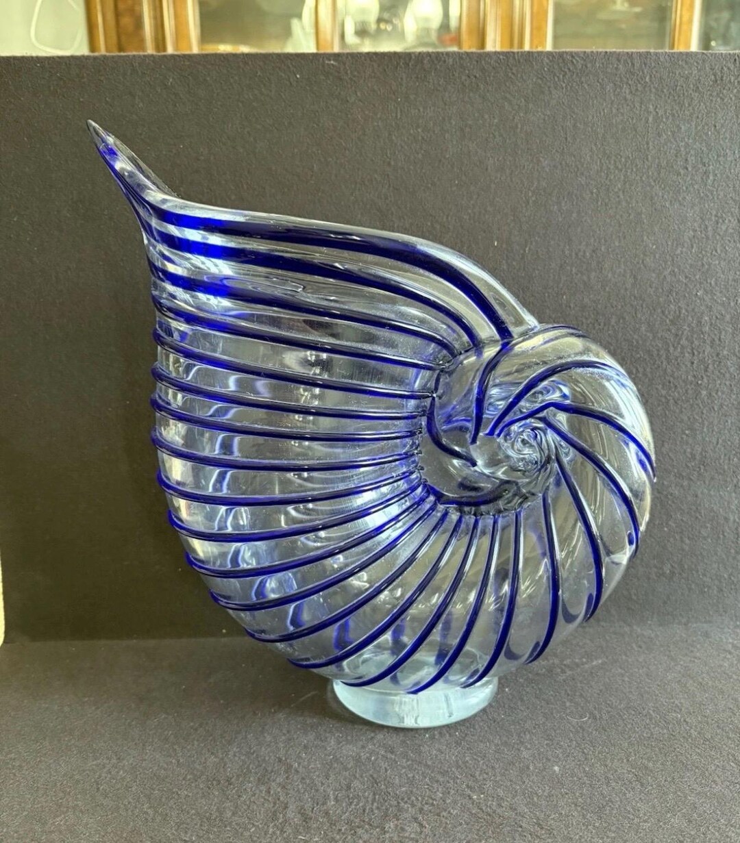 Blown Art Glass Nautilus Shell Vase Clear Blue Striped Cornicopia ...