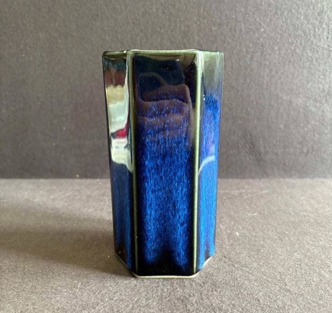 Japanese Ikebana Nageire 6” Tall Square Blue Black Stoneware Vase ...