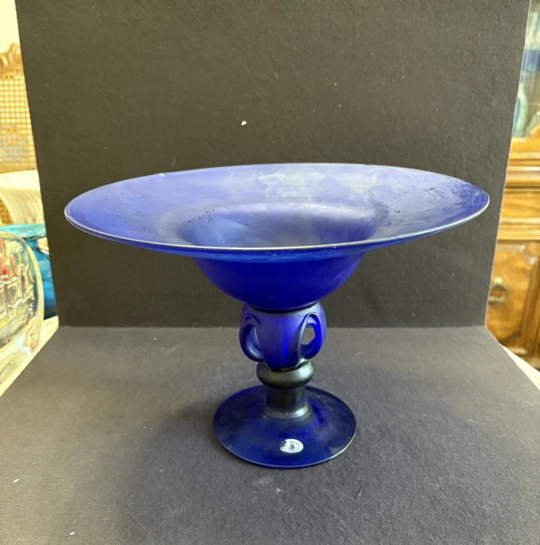 Vintage SHEREKAT Art Glass Hand Made Large Blue Frosted Bowl 8.5" X 11. ...