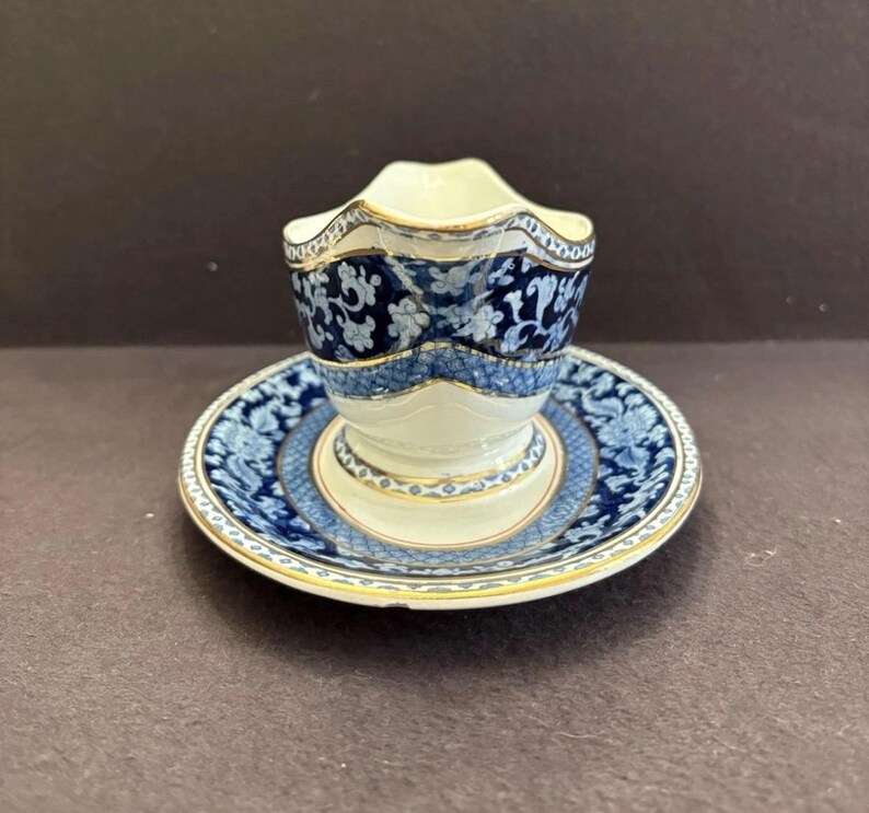 Antique Booths Blue & White Jacobean Gravy Boat and Under Plate Floral ...