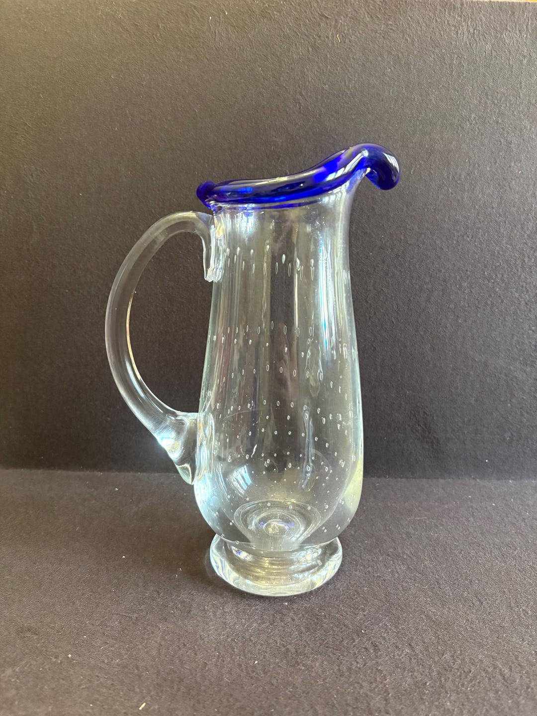 Unique Vintage Cobalt and Clear Bubble Hand Blown Art Glass Pitcher - Etsy