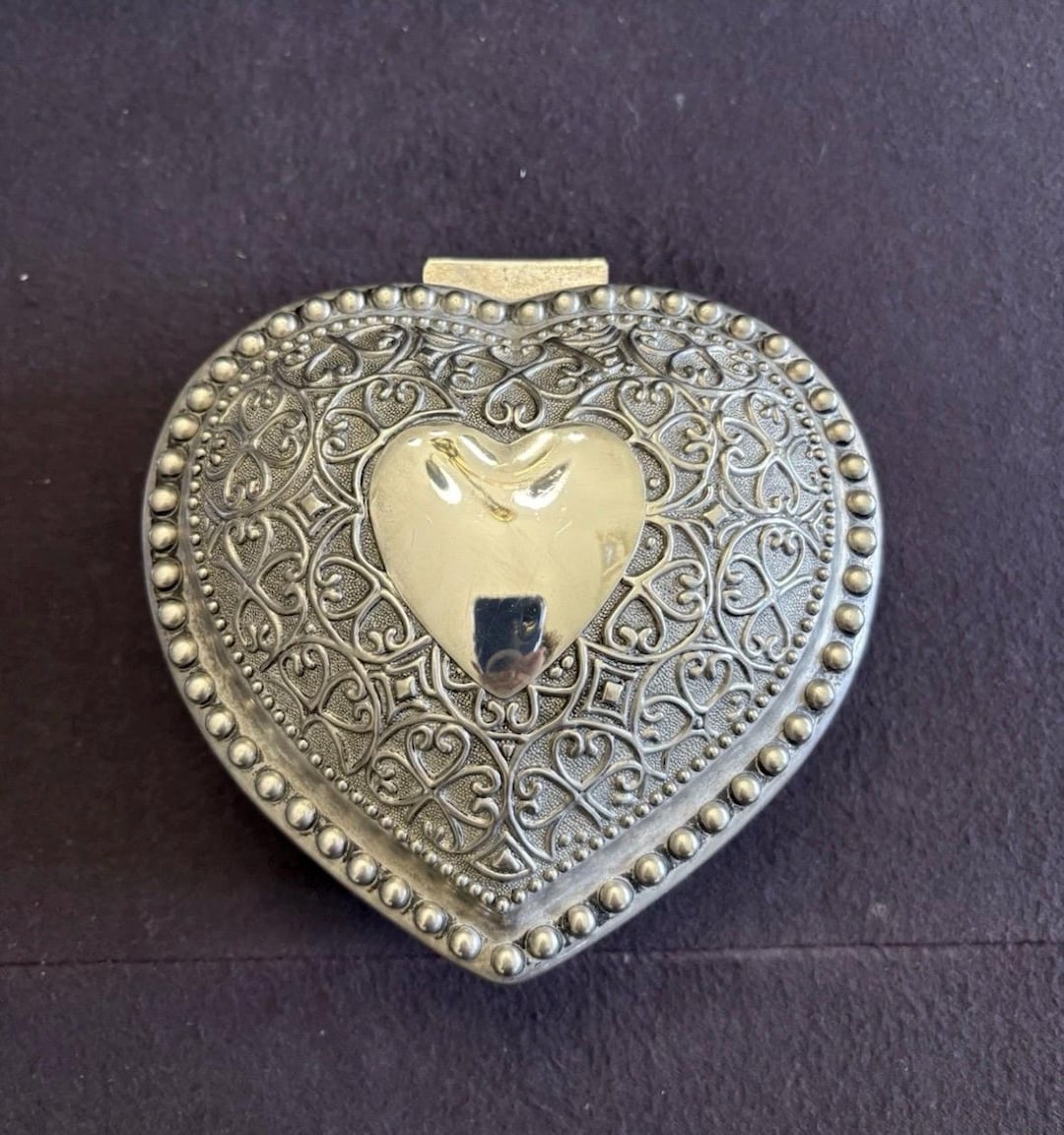 Vintage Silver Plate Heart Shaped Embossed Trinket Jewelry Box With Red ...