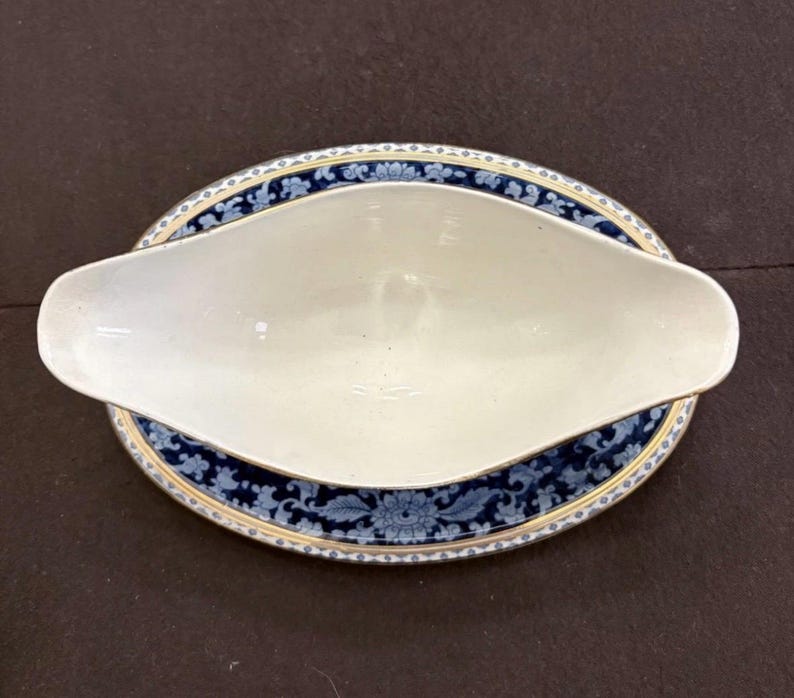 Antique Booths Blue & White Jacobean Gravy Boat and Under Plate Floral ...