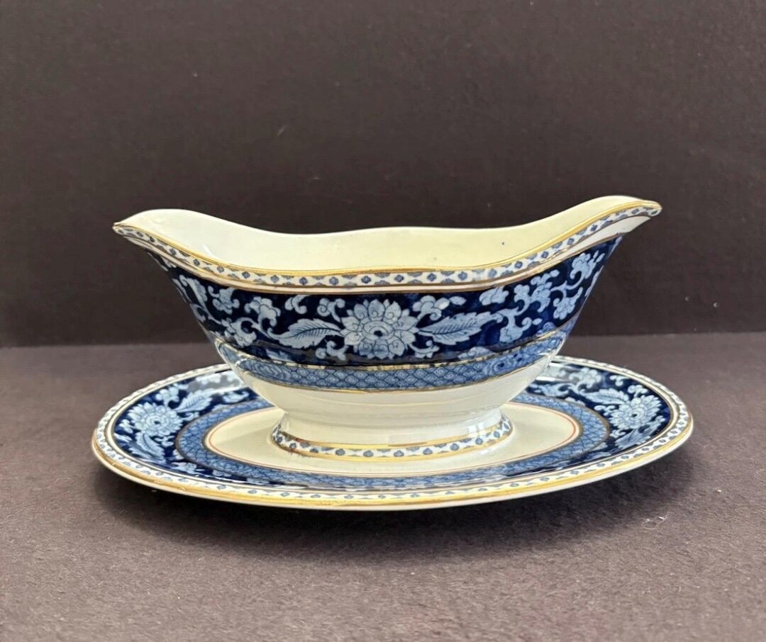 Antique Booths Blue & White Jacobean Gravy Boat and Under Plate Floral ...