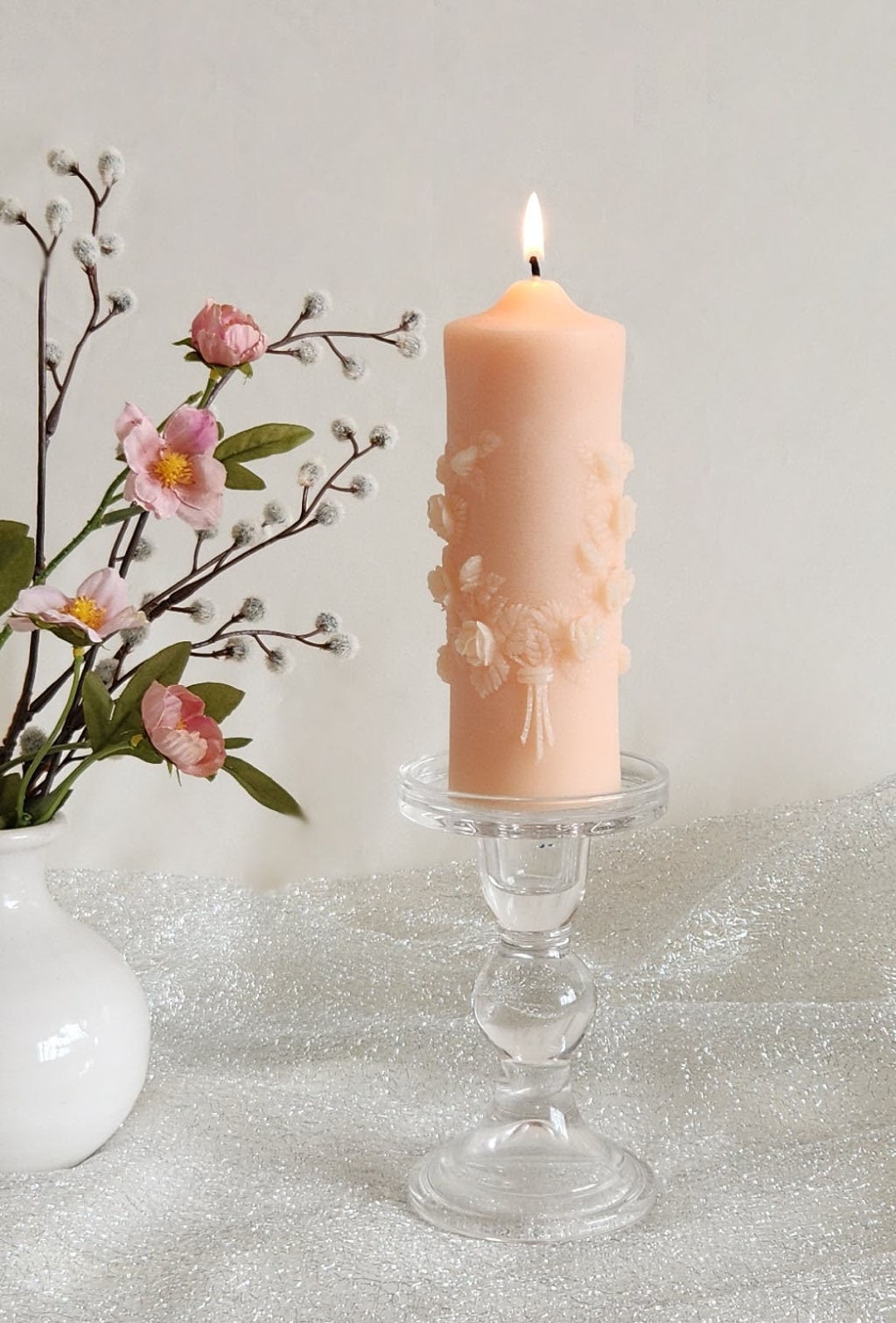Elegant Floral Design Pillar Candles, Soy & Beeswax, Scented Candle ...