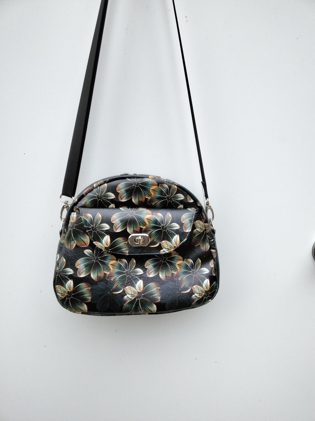 Crossbody Bowler Bag Black Background With Dark Patrerned Flowers. Faux ...