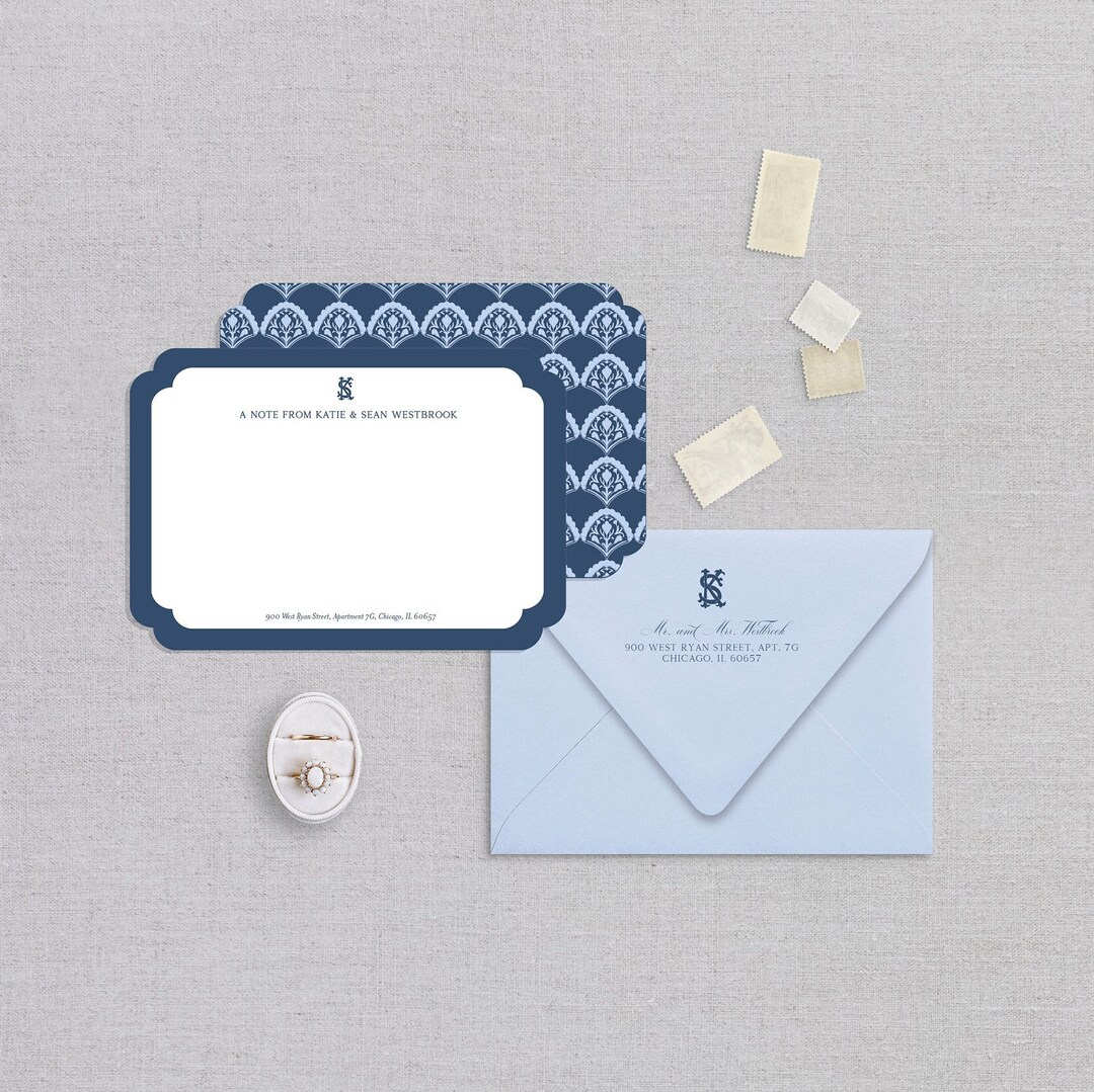 Preppy Blue Couples Stationery, Personalized Notecards, Custom Monogram ...
